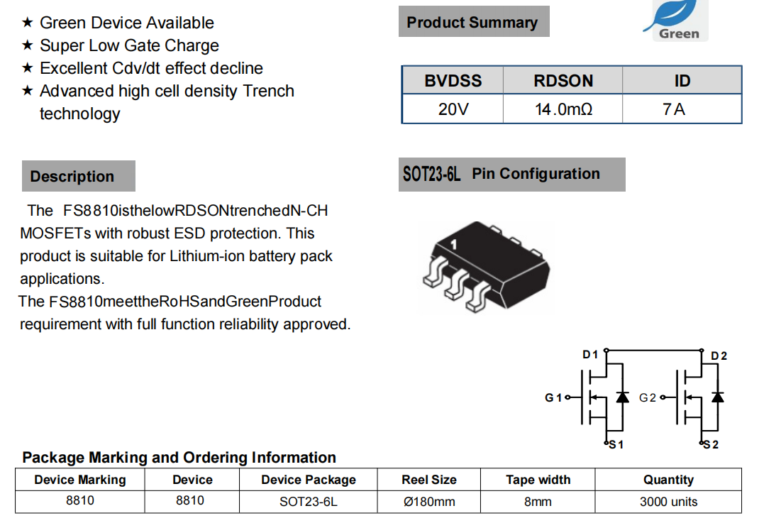 FS8810锂电池保护板低压MOS管双N沟道sot23-6封装 - 深圳市泛海微电子有限公司